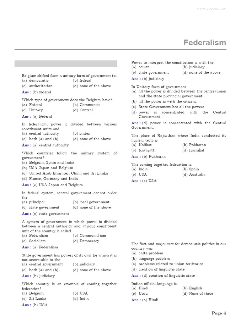 Federalism: Objective Questions & Answers | PDF | Federation | Governance
