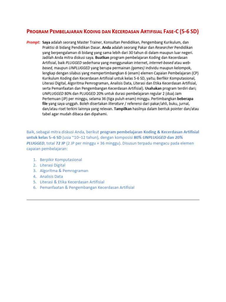 Program Pembelajaran Koding Dan Kecerdasan Artifisial Fase C | PDF
