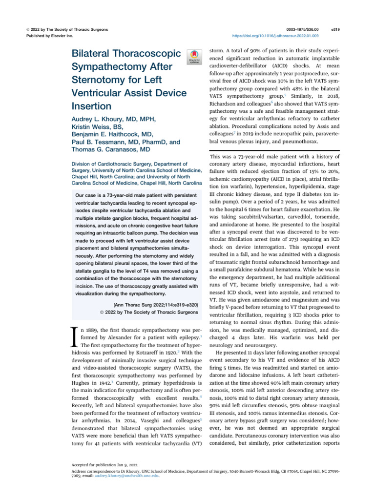 Bilateral Thoracoscopic Sympathectomy After Sternotomy | PDF | Heart ...