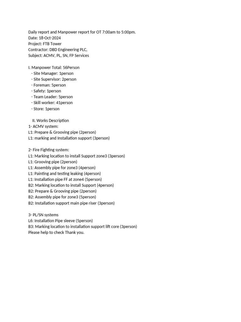 Daily Manpower Report for FTB Tower | PDF
