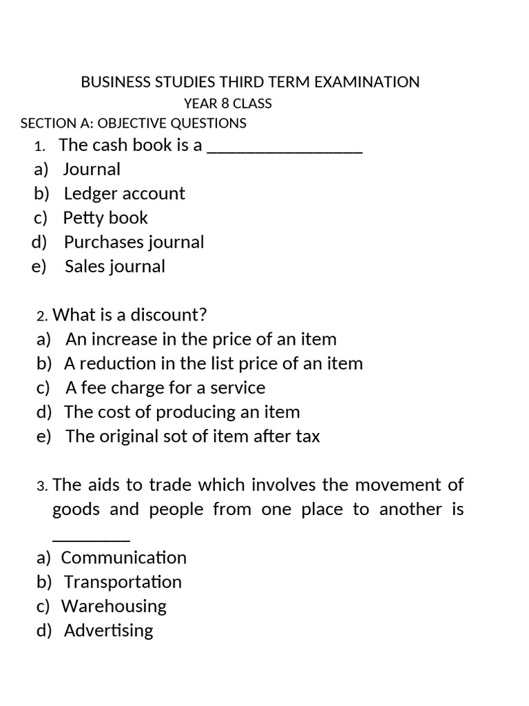 Business Studies Third Term Examination (Year 8) | PDF | Debits And ...