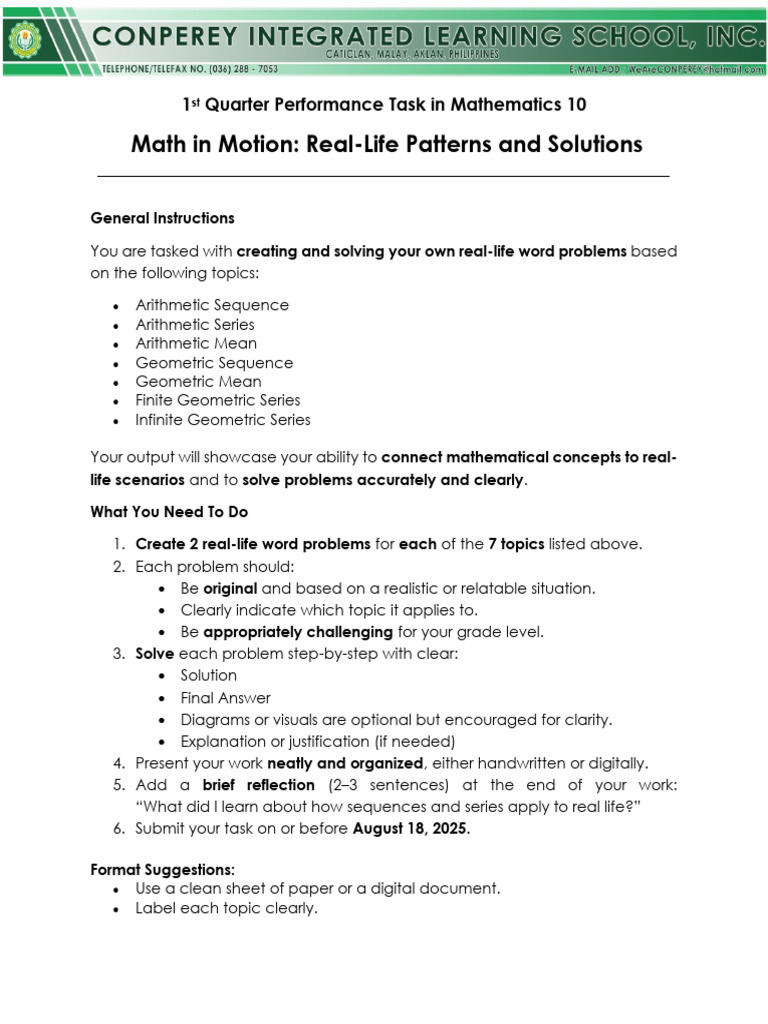 1st Quarter Performance Task in Mathematics 10 | PDF | Mathematics | Arithmetic