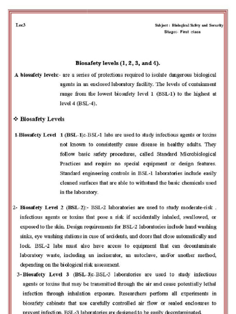 Lec3 Biosafety Levels | PDF
