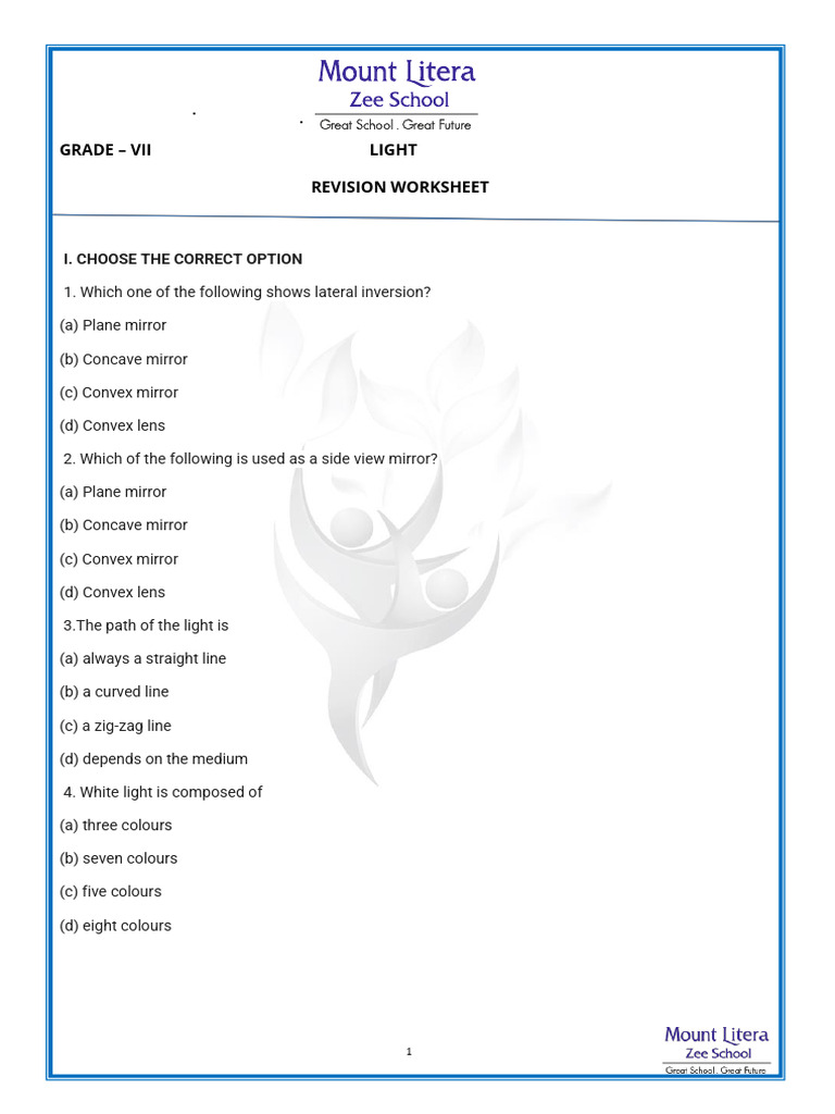 Grade 7 - Science - Light Revison Worksheet | PDF | Mirror | Atomic