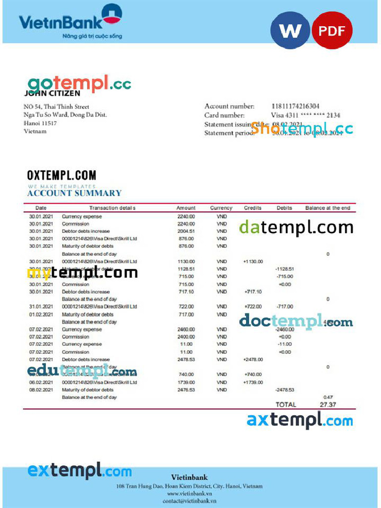 Doctempl - Vietnam Vietinbank Bank Proof of Address Statement Template in Word and PDF Format | PDF