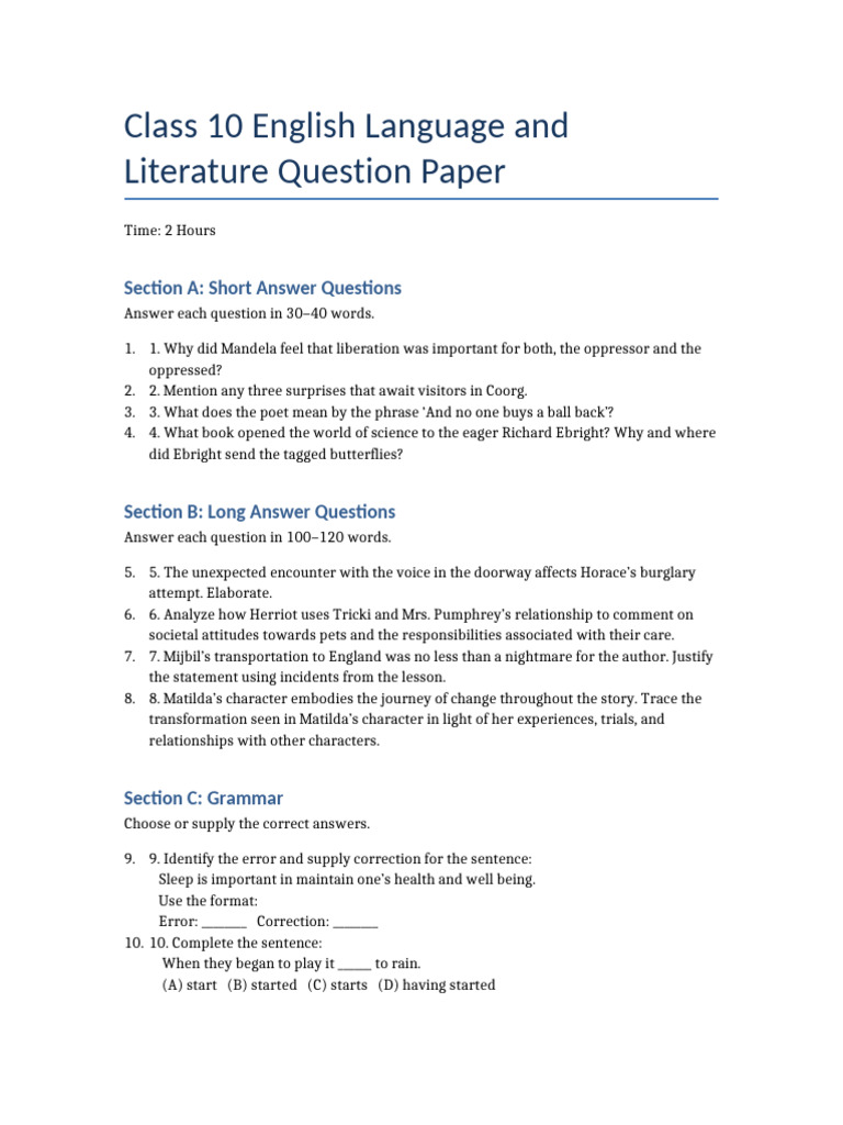 Class 10 English Question Paper | PDF | Human Communication