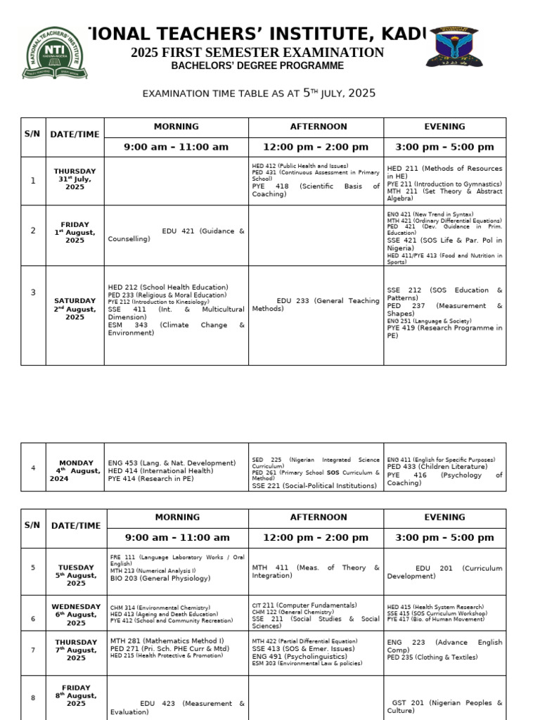 2025 BDPs 1st Sem Time Table Uni 2 | PDF | Mathematics