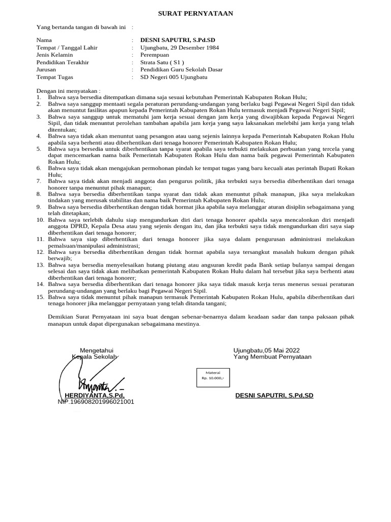 Surat Pernyataan Desni Saputri S.Pd.SD | PDF