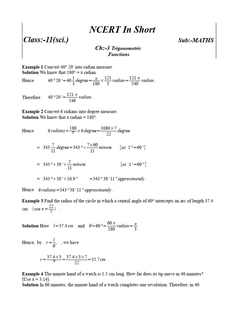 Trigonometric Functions: Radians & Degrees | PDF | Trigonometric ...