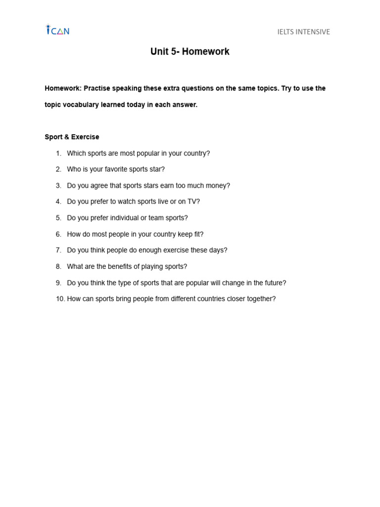 IELTS Speaking Homework: Sports Topics | PDF