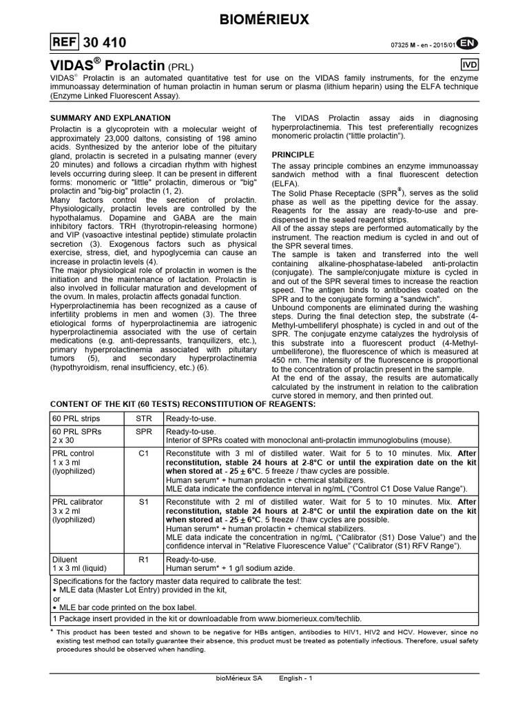 VIDAS Prolactin Test Overview | PDF