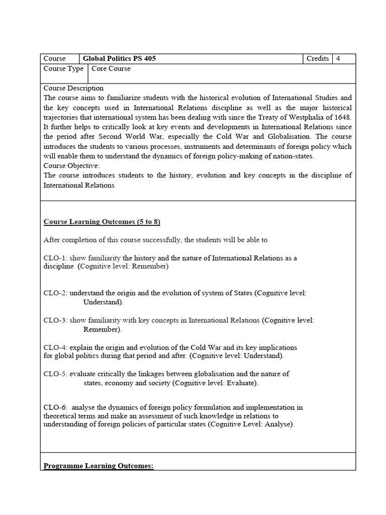 Global Politics-PS 405 Course Outline | PDF | Policy | Cognition