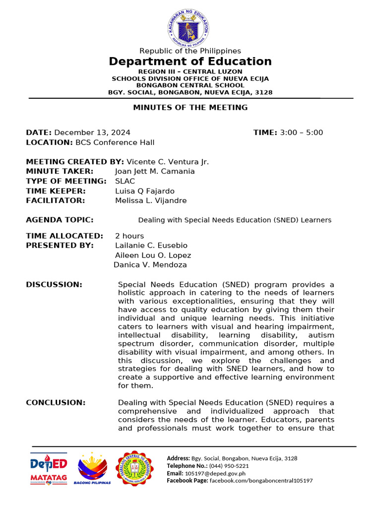 LAC Minutes of Meeting Narrative December | PDF | Special Education ...