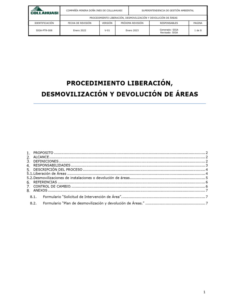SIGA-PTR-008 Procedimiento Liberación Desmovilización y Devolución de Área_Rev03 | PDF | Entorno ...