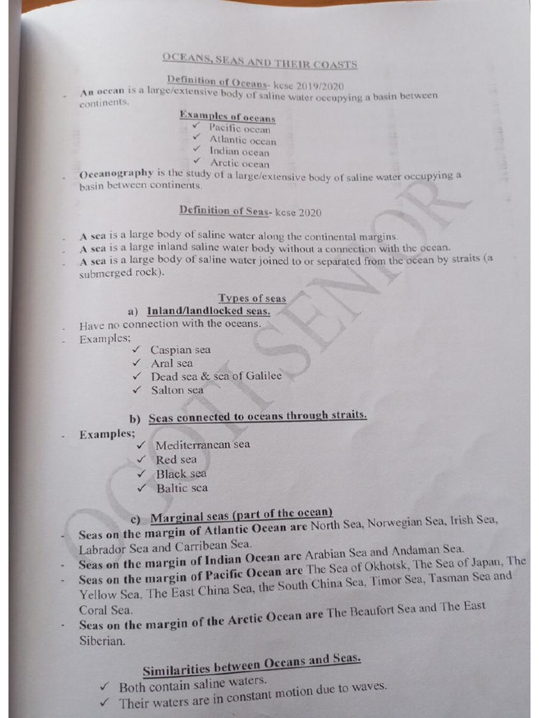 Oceans Seas and Their Coasts Assignment - Form 3 - Geography | PDF