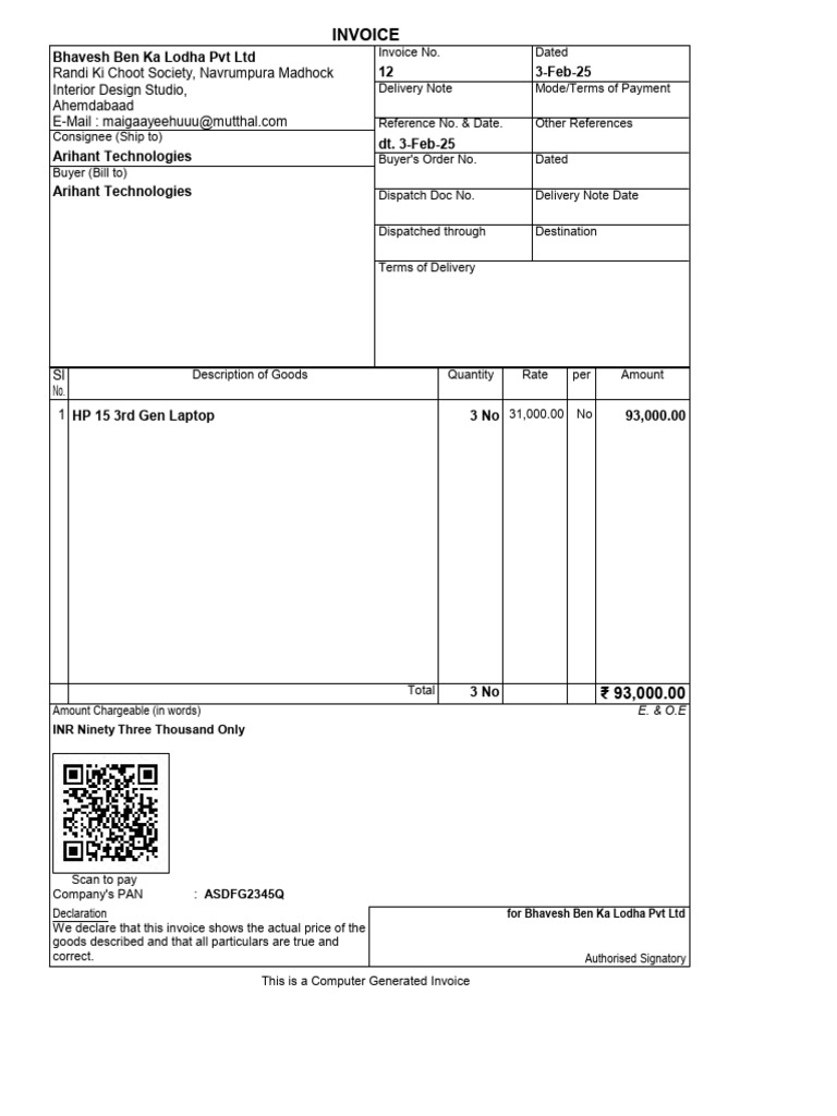 Invoice for HP Laptops - ₹93,000 | PDF