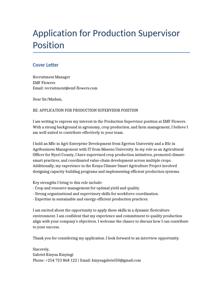 Application for Production Supervisor Role | PDF | Agriculture | Food ...