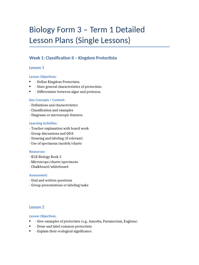Biology Form 3 Term 1 Single Lesson Plans | PDF | Protozoa | Botany