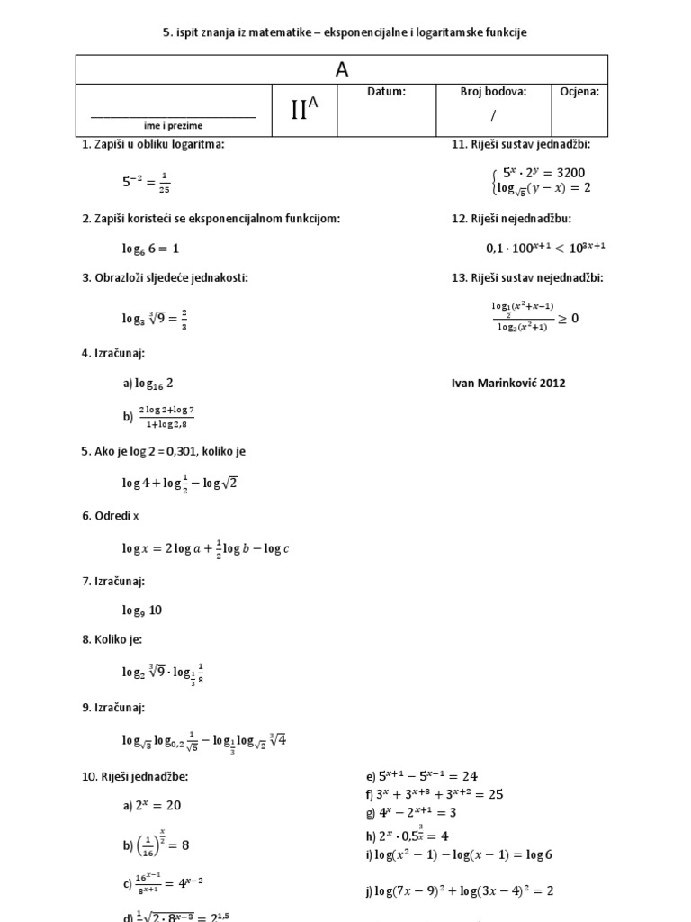 A) Eksponencijalne i Logaritamske Funkcije - TEST