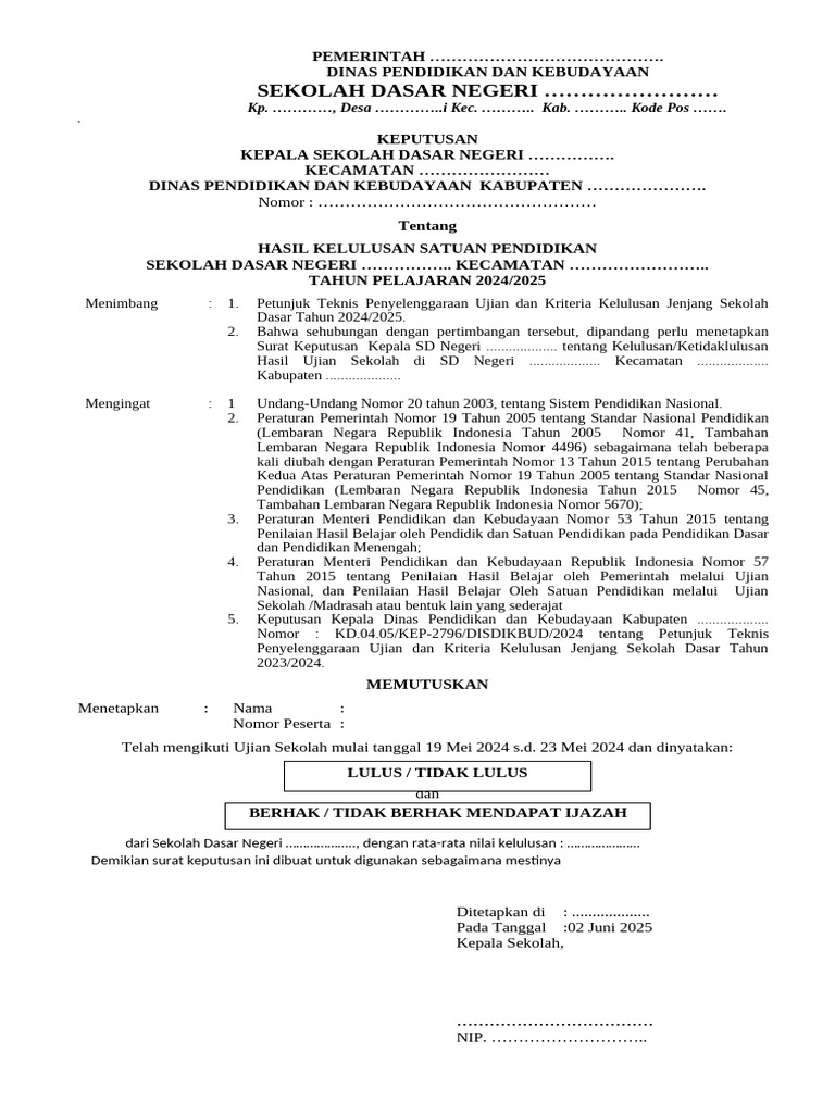 Surat Keputusan Kelulusan SD 2025 | PDF