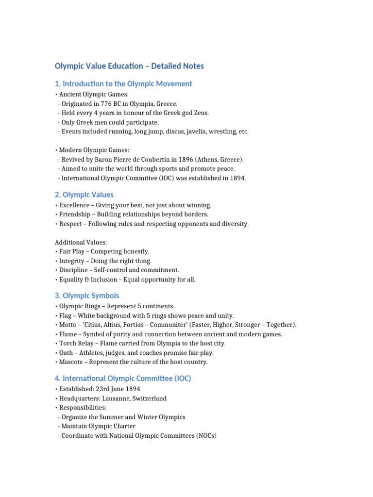 Class 11 Olympic Value Education Notes | PDF | Olympic Games | Sports ...