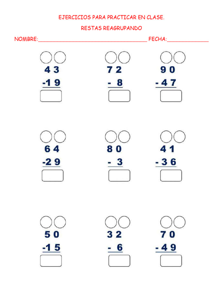 Ejercicios para Practicar en Clase Restas Reagrupando - Primero | PDF