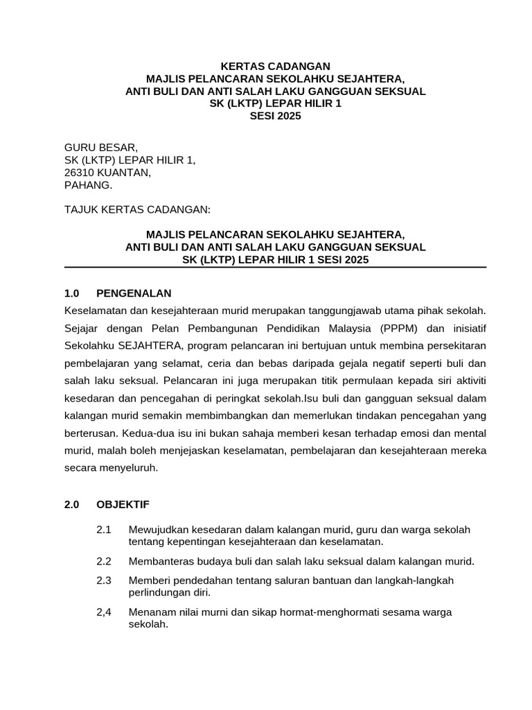 Kertas Cadangan Pelancaran Anti Buli Dan Anti Salah Laku Gangguan | PDF