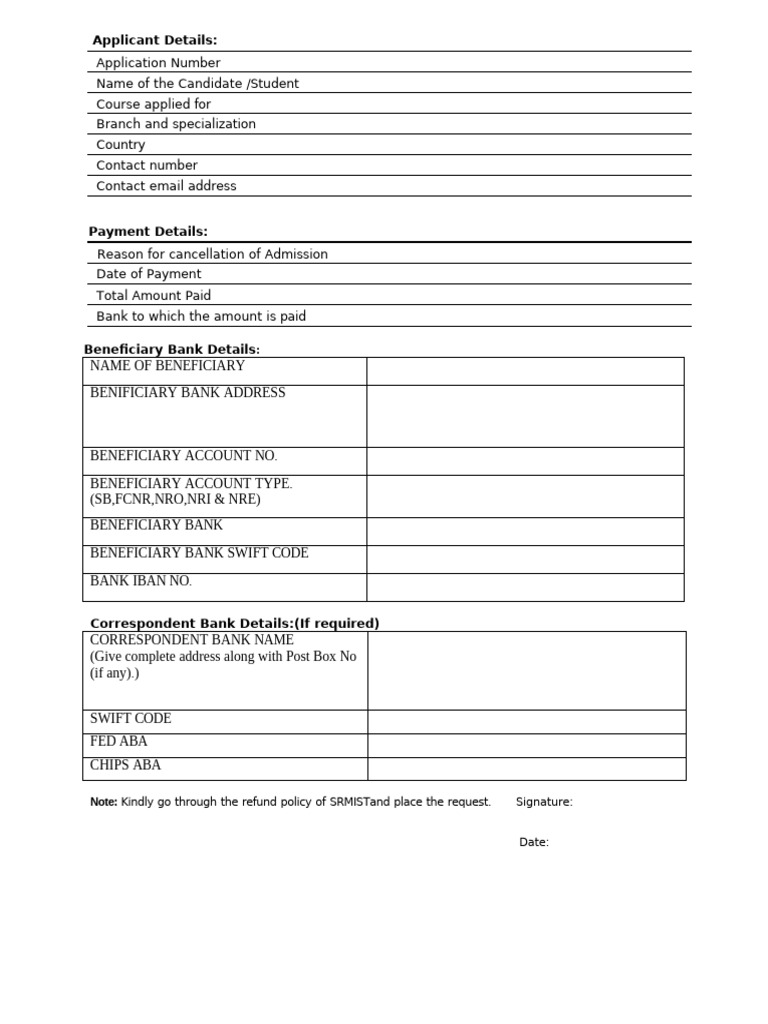 Refund Request Form Ir Admissions 2021 | PDF