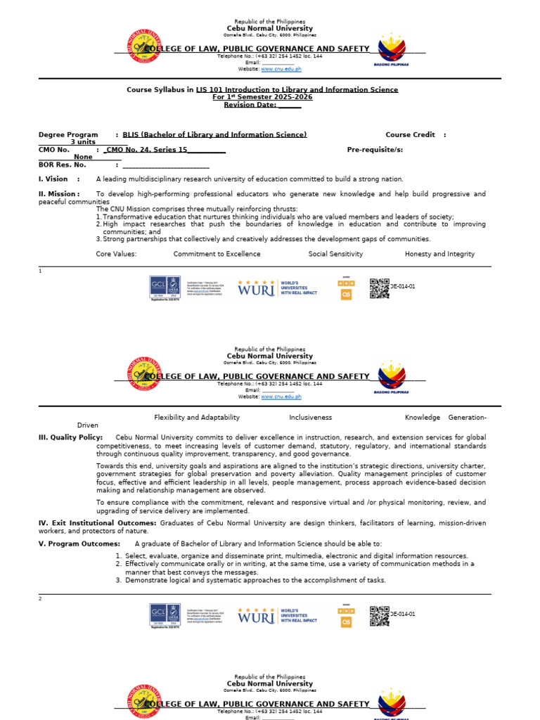 BLIS Course Syllabus: LIS 101 Overview | PDF | Librarian | Governance