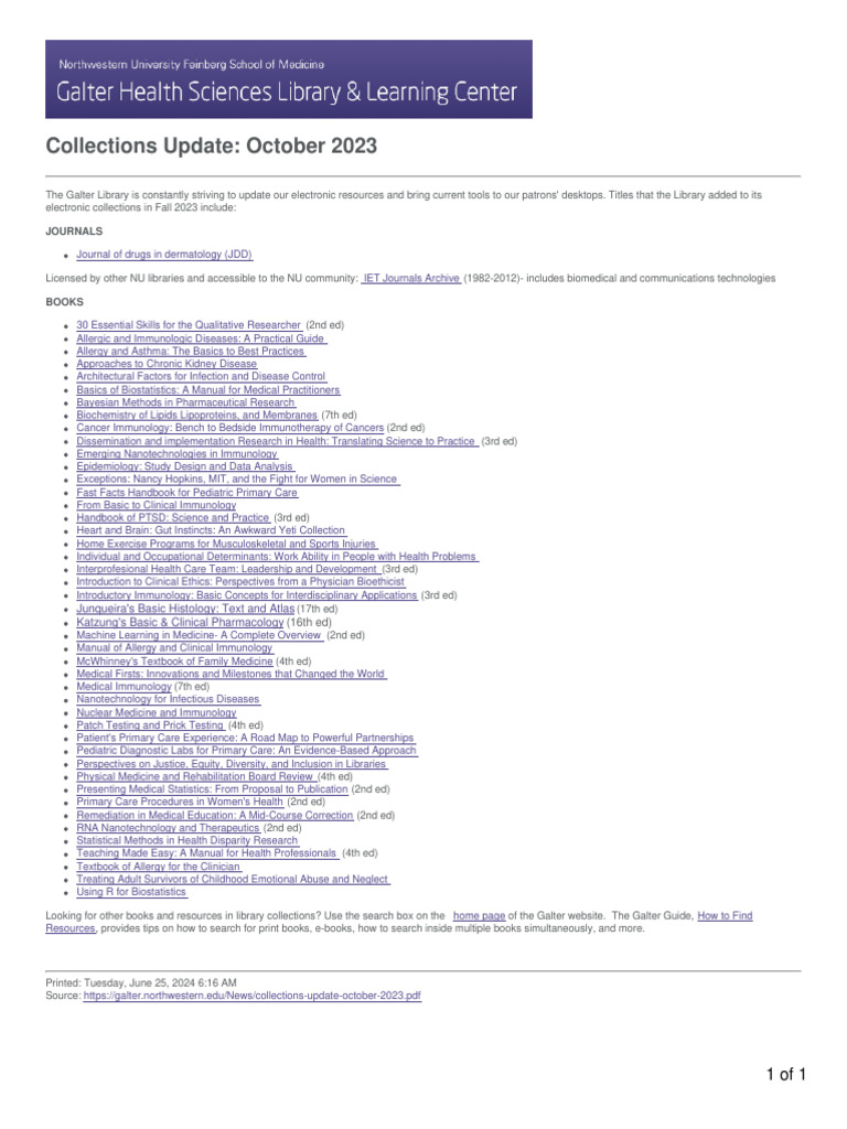 Galter Collections Update October 2023 | PDF | Allergy | Medicine