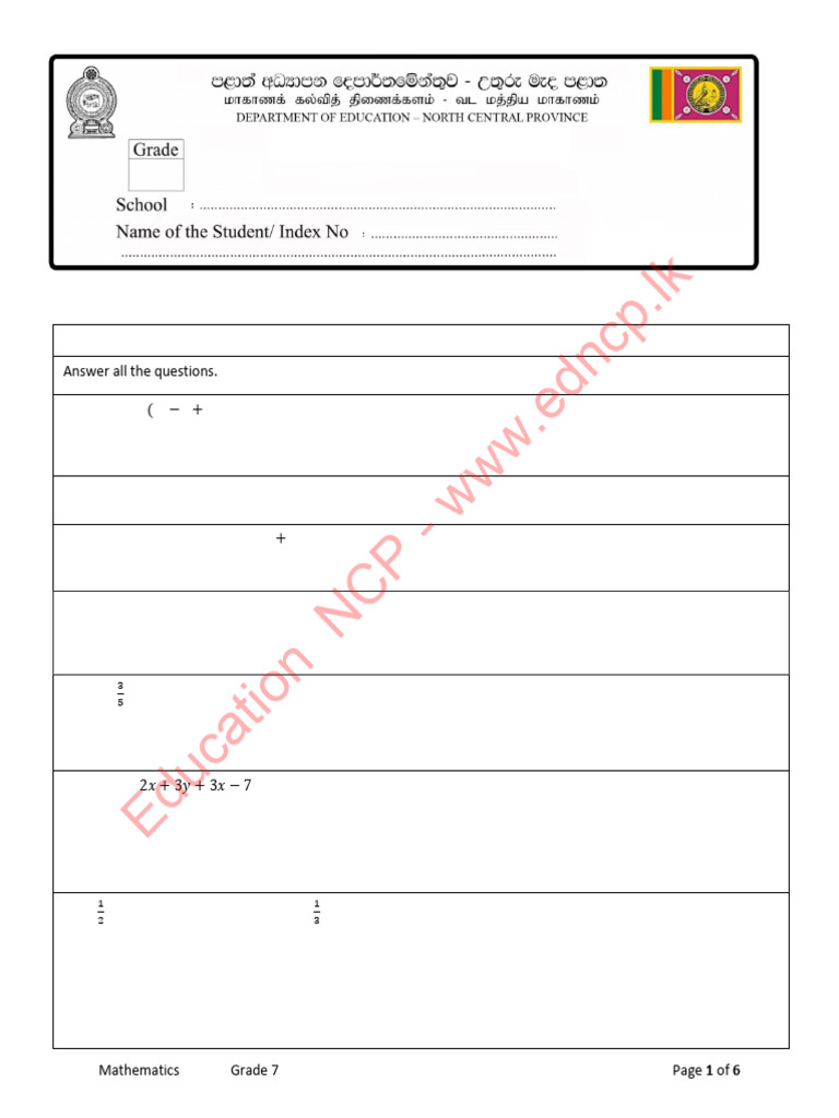 Grade 7 Mathematics Test Questions | PDF | Cartesian Coordinate System ...