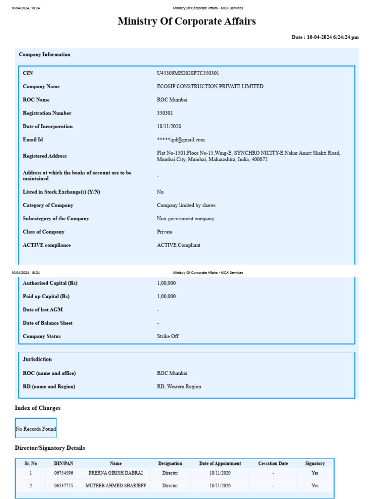 Ministry of Corporate Affairs - MCA Services | PDF | Corporations