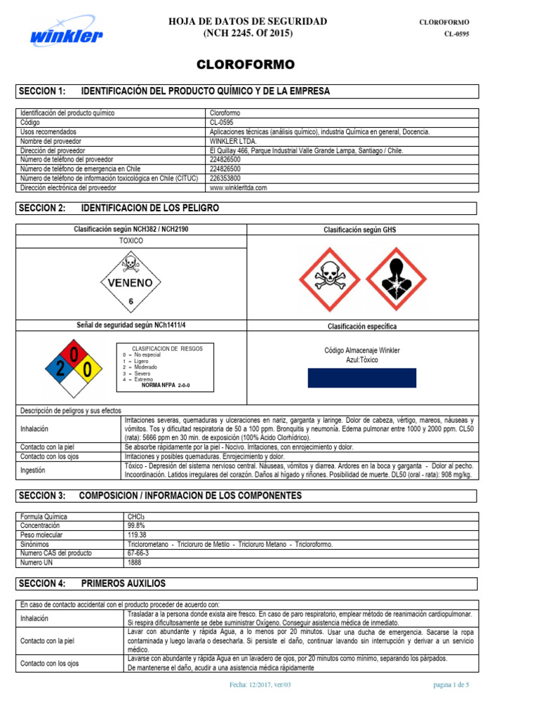 Hoja de Seguridad: Cloroformo (NCH 2245) | PDF | Cloroformo | Agua