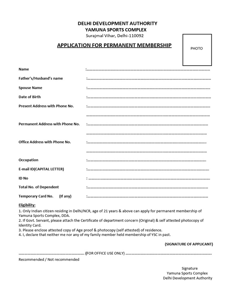 Yamuna Sports Complex Membership Form | PDF | Government And Personhood ...