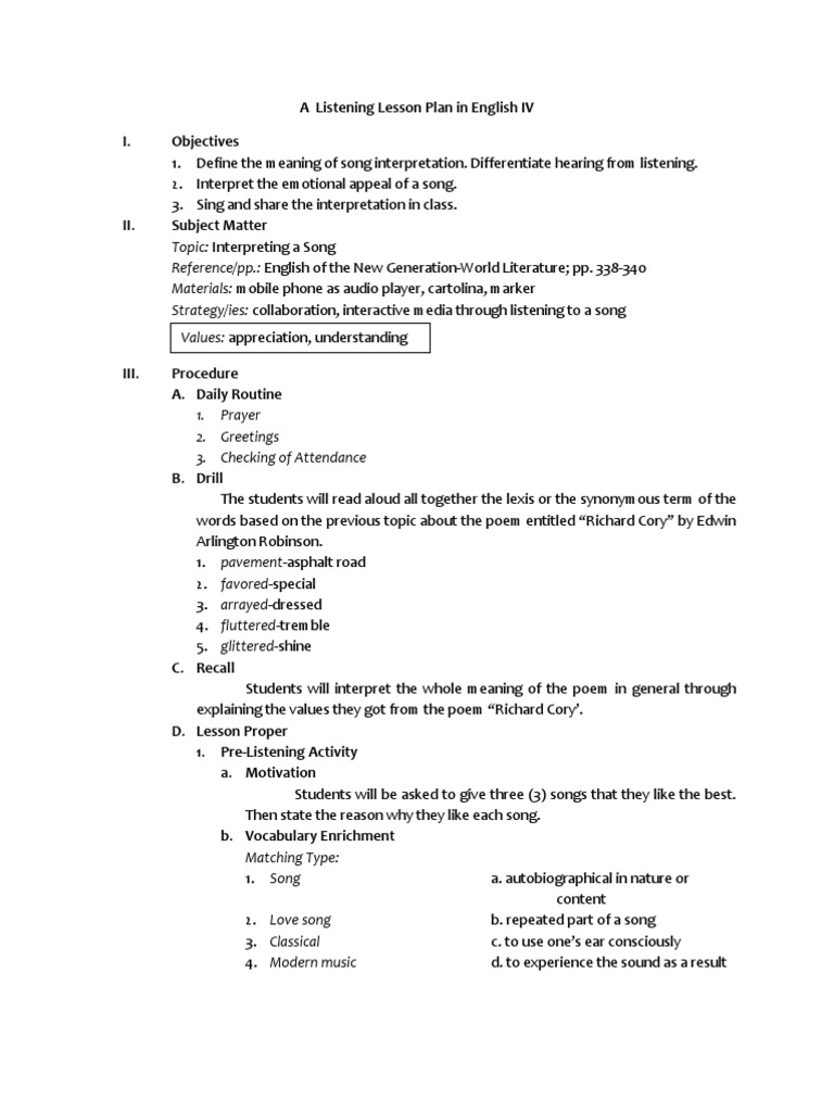 A Listening Lesson Plan in English IV | PDF | Songs | Entertainment ...