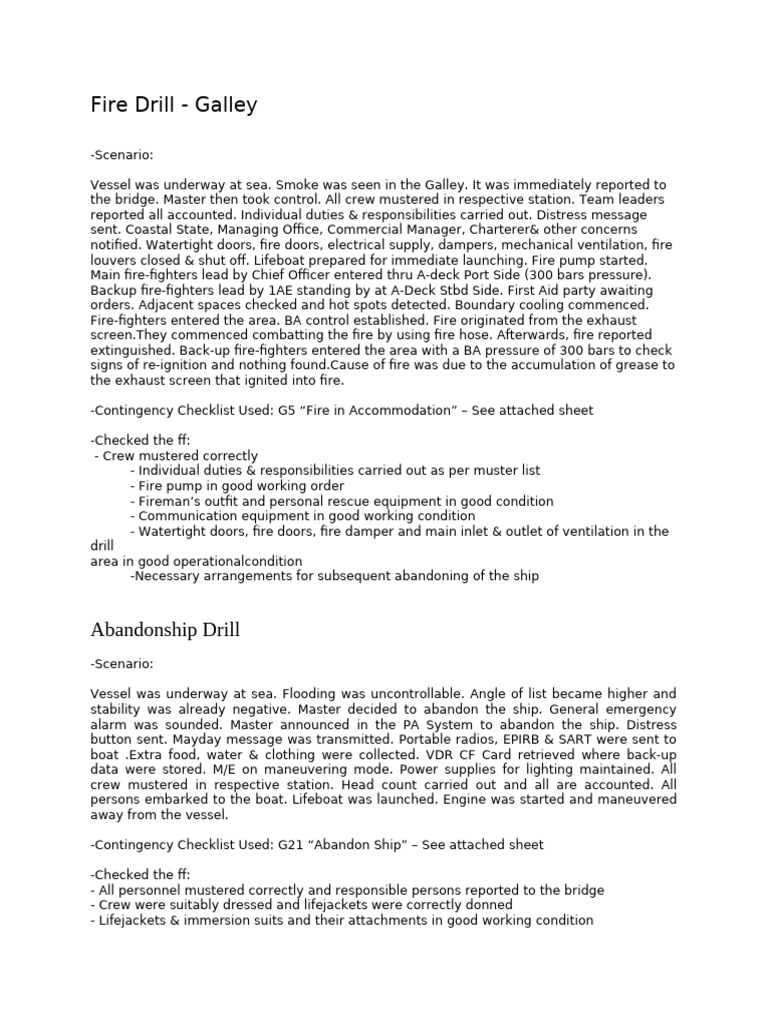 Fire And Abandon Ship Drill Scenarios Pdf Water Transport Shipping