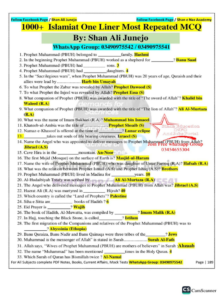 Islamic Study Most Important Mcqs | PDF