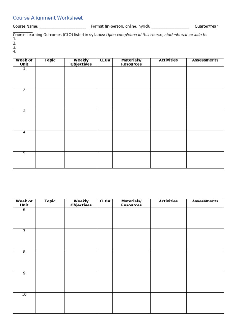 Course Alignment Worksheet Template | PDF