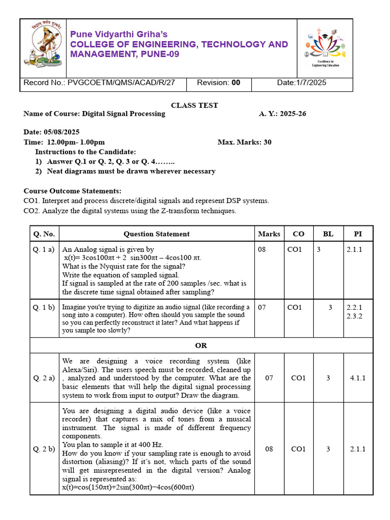Digital Signal Processing Class Test | PDF | Sampling (Signal ...
