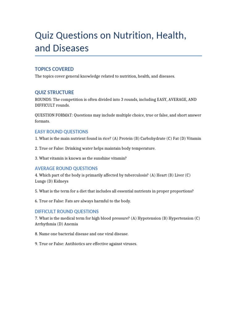 High School Nutrition Quiz Questions | PDF