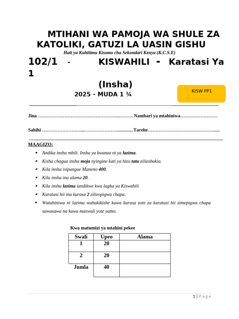 Kisw Pp1 Maswali (Mtihani Wa Pamoja Wa Shule Za Katoliki)Nakala Sahihi | PDF
