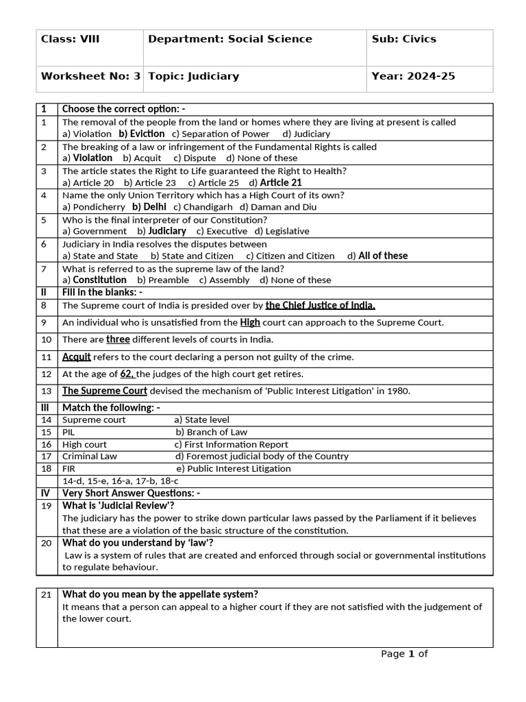 Judiciary Class 8 Worksheet Answers | PDF | Judiciaries | Supreme Court ...