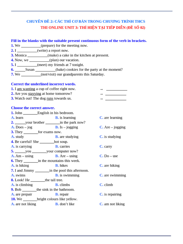 UNIT 2 BT2 Hiện Tại Tiếp Diễn | PDF | Chess Openings | Chess
