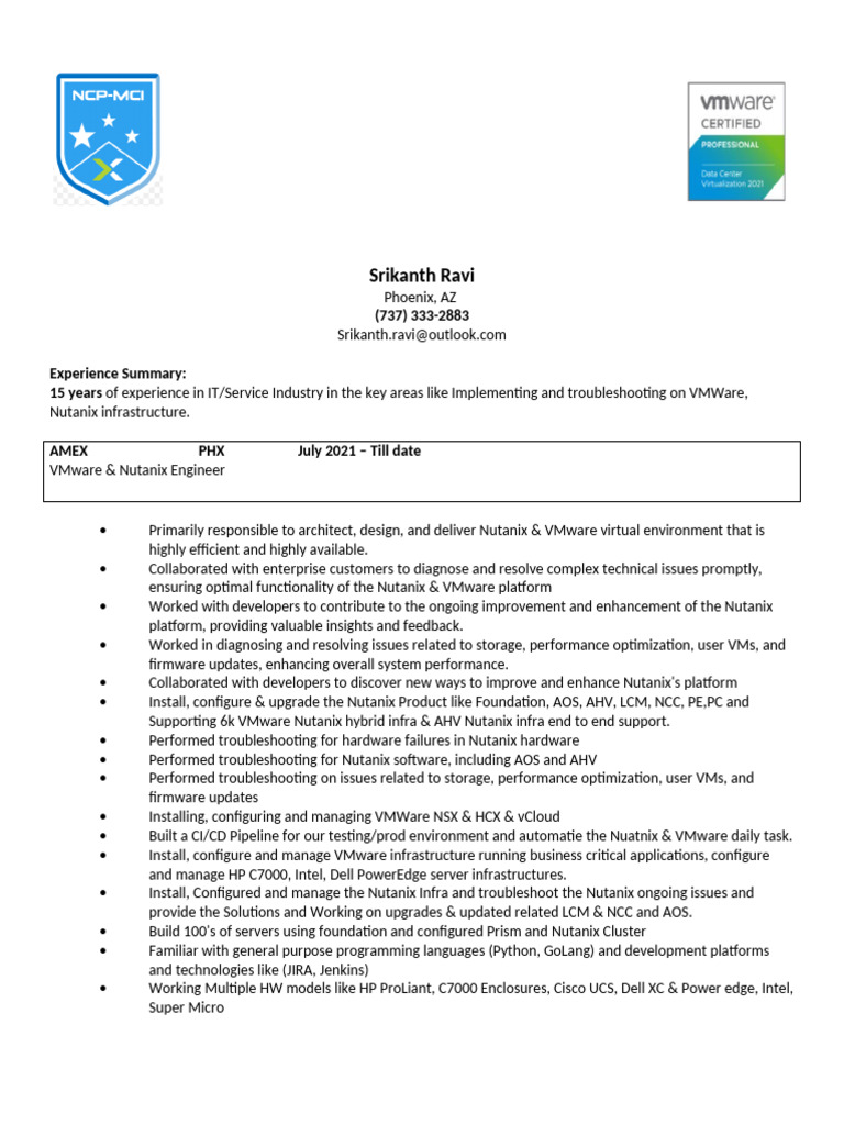 Dice Resume CV Srikanth Ravi | PDF | Virtual Machine | V Mware