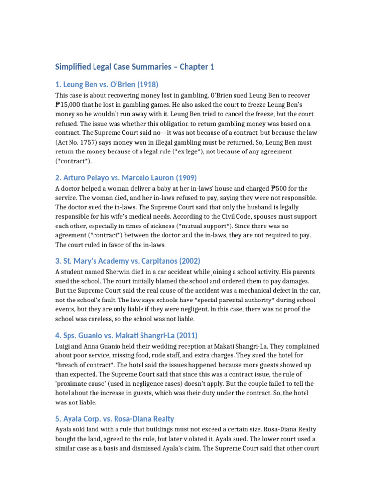 Legal Case Summaries Overview | PDF | Negligence | Damages