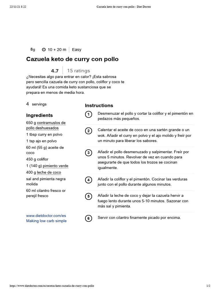 Cazuela Keto de Curry Con Pollo - Diet Doctor | PDF | Curry | Cilantro