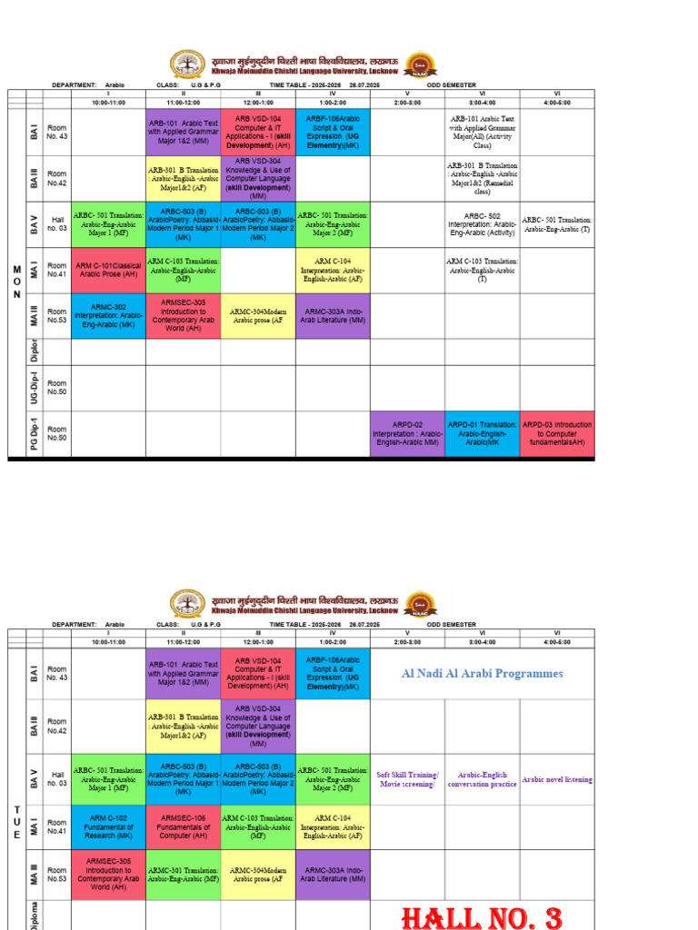Arabic Department Timetable 2025-2026 | PDF | Translations | Arabic ...