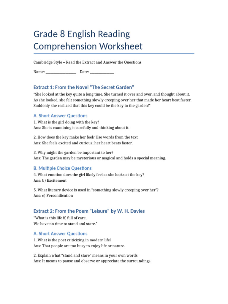 Grade 8 Reading Comprehension Exercises | PDF