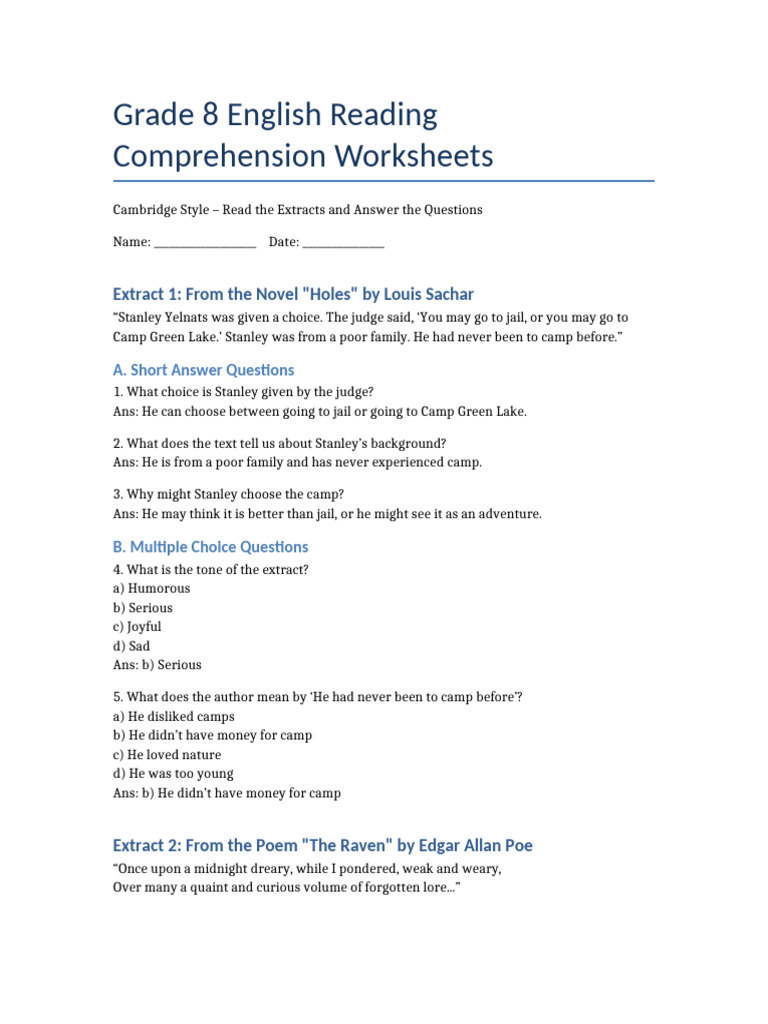 Grade 8 English Comprehension Worksheets | PDF | The Raven