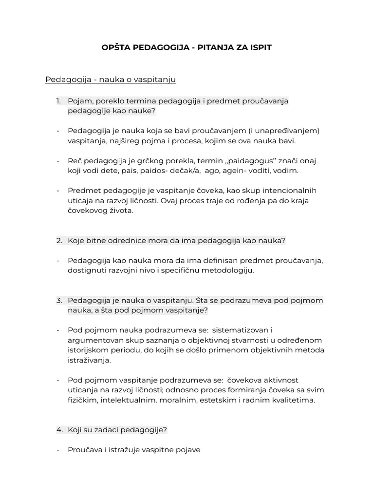 Opšta Pedagogija - Pitanja Za Ispit | PDF